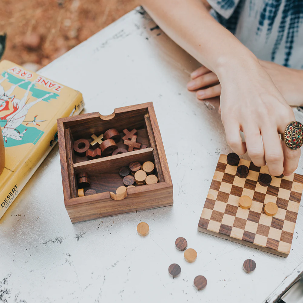 Checkers and Tic Tac Toe Game Set - Handcrafted Wood – Mellow Monkey