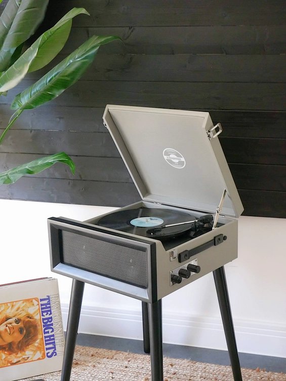 Gray Retro Record Player on Legs with Bluetooth and Radio – Mellow Monkey