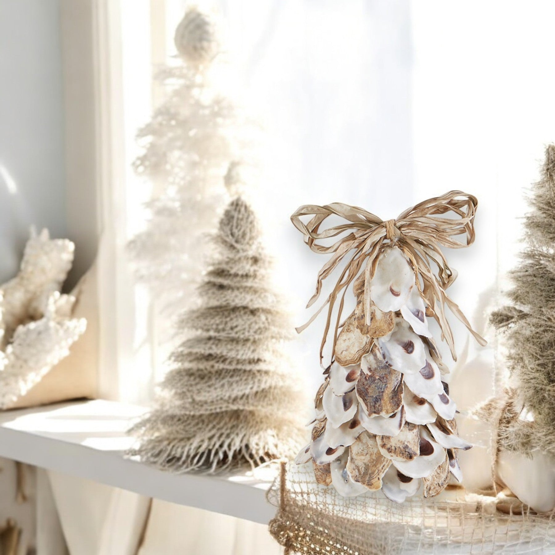 Oyster Shell Tree with Gold Finish and Raffia Bow Topper - Small ...