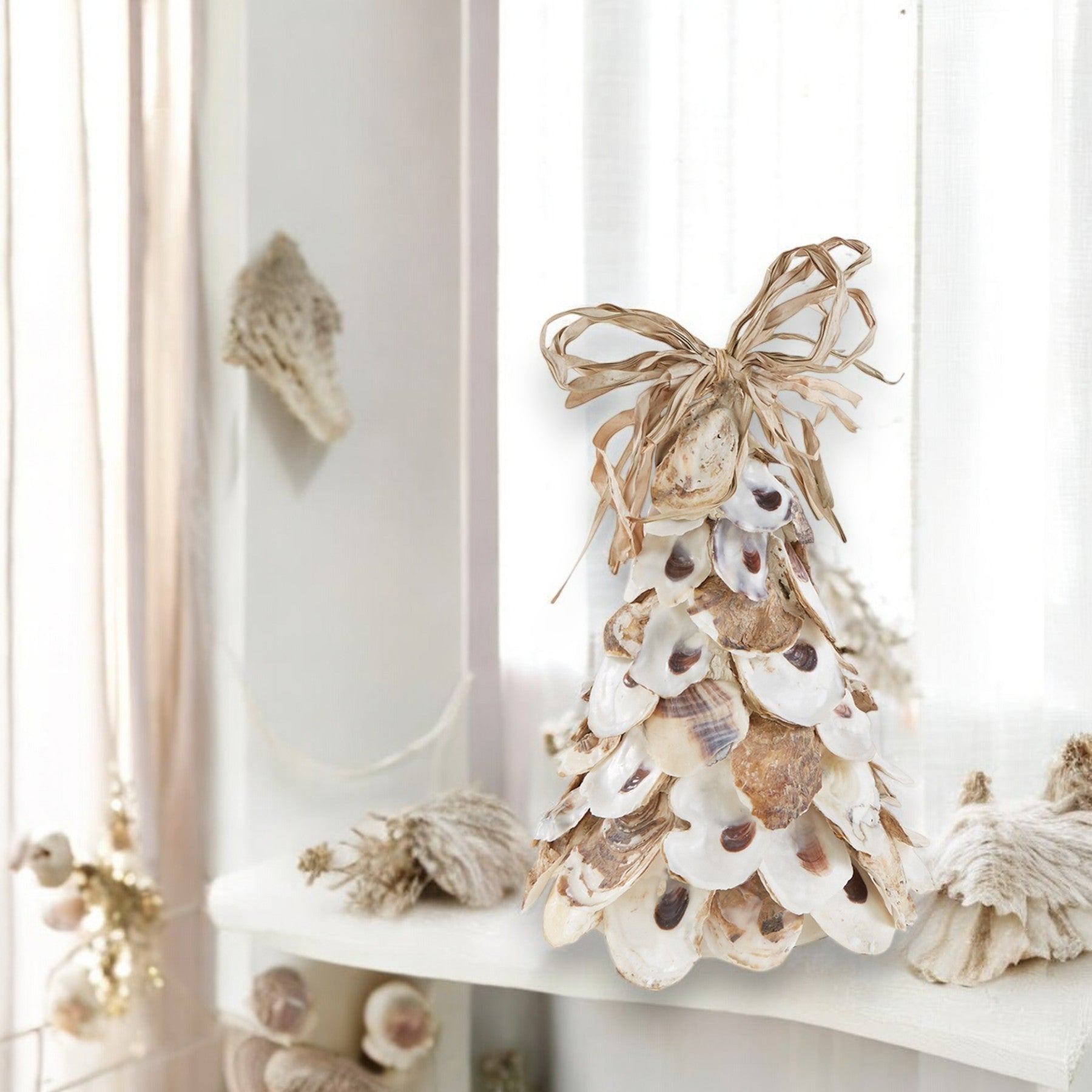 Oyster Shell Tree with Gold Finish and Raffia Bow Topper - Medium ...