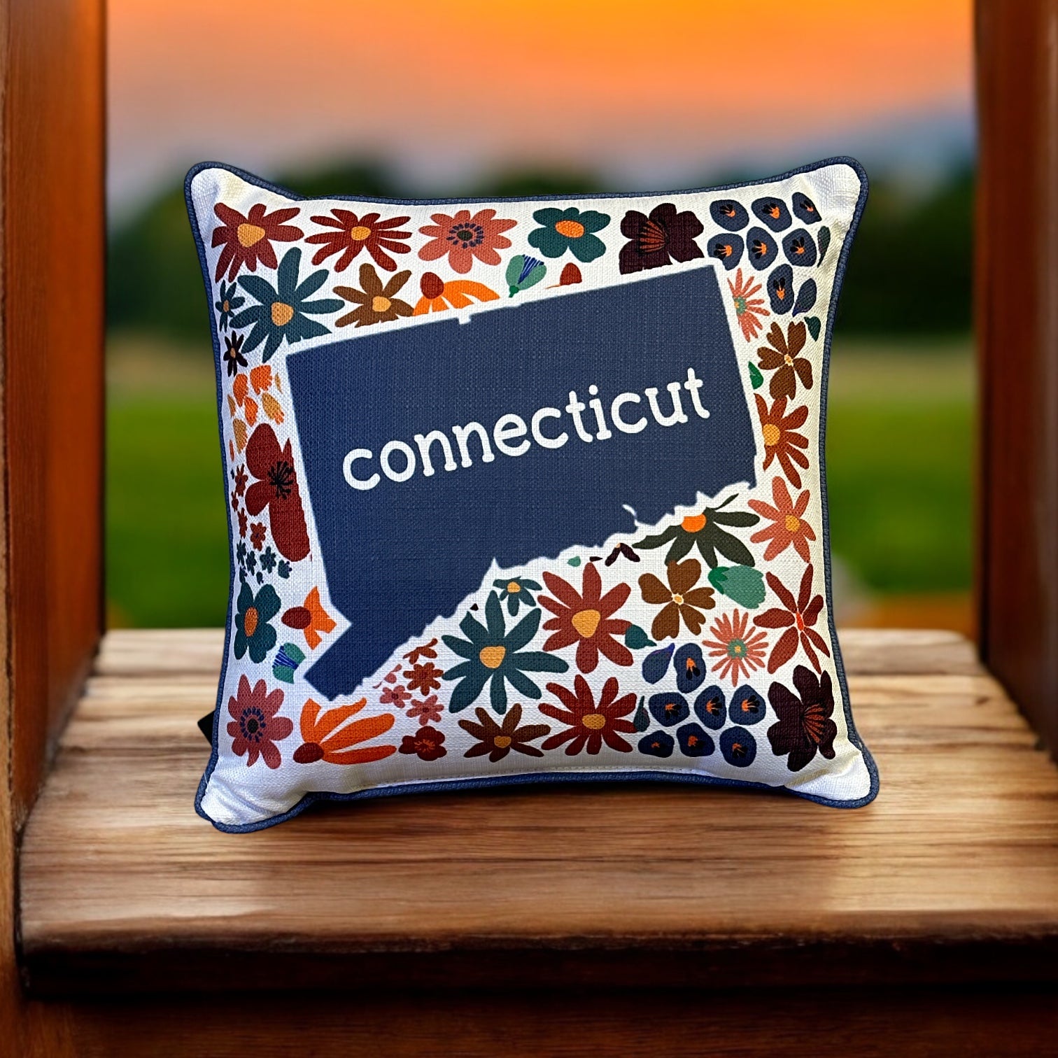 Connecticut - Fall Floral Square Pillow with Laurel Piping - 16-in ...