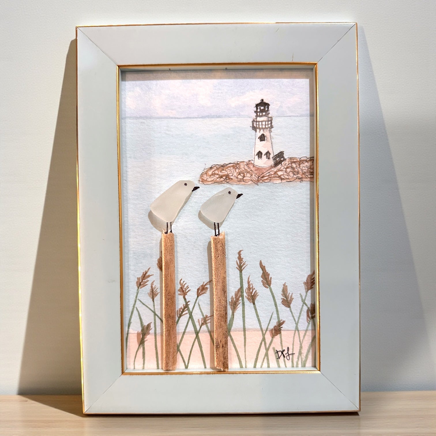 Breakwater Lighthouse Old Saybrook CT Sea Glass Birds on Watercolor Pr ...