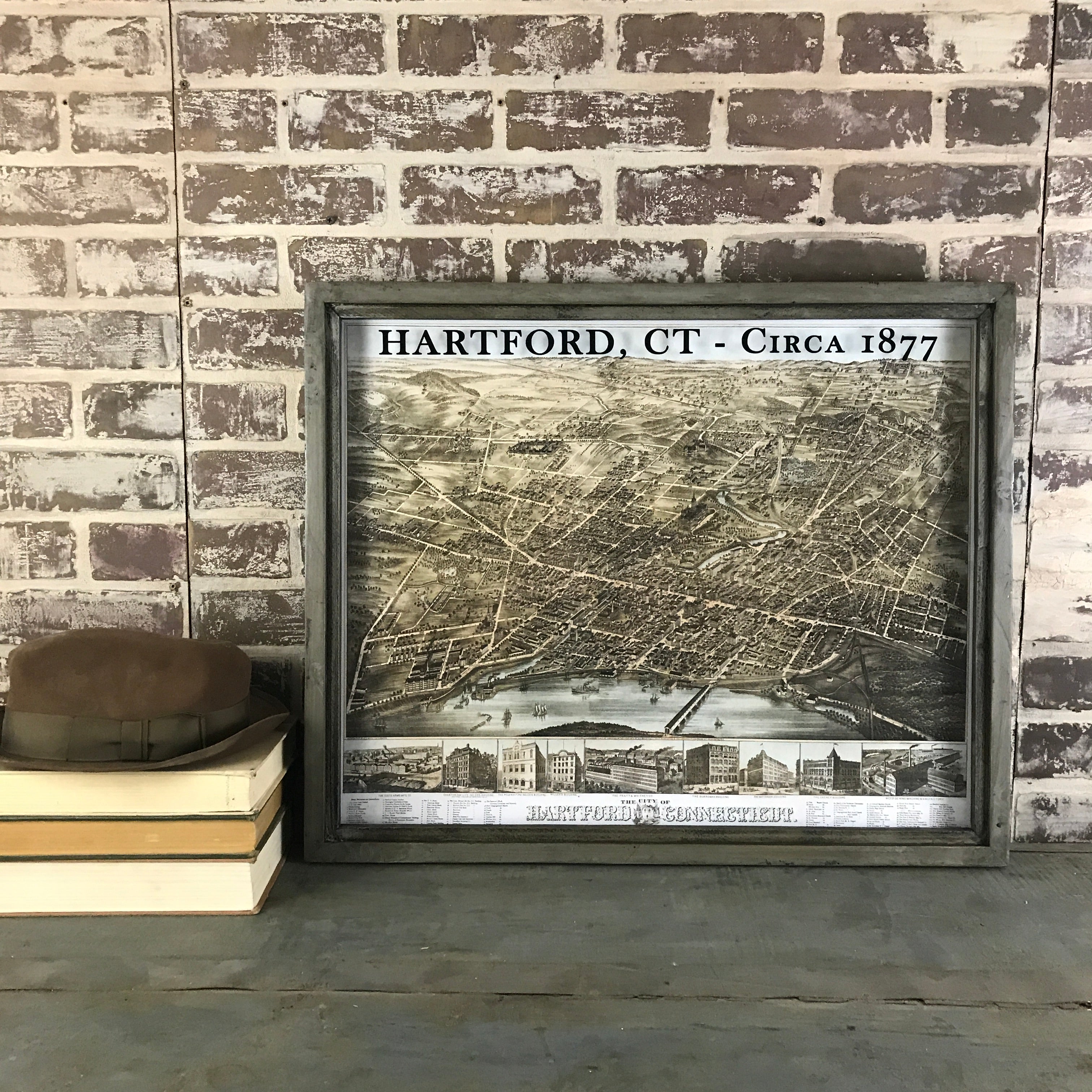 Hartford Connecticut Vintage Map Circa 1877 Framed Gray/Brown Shadowbo ...