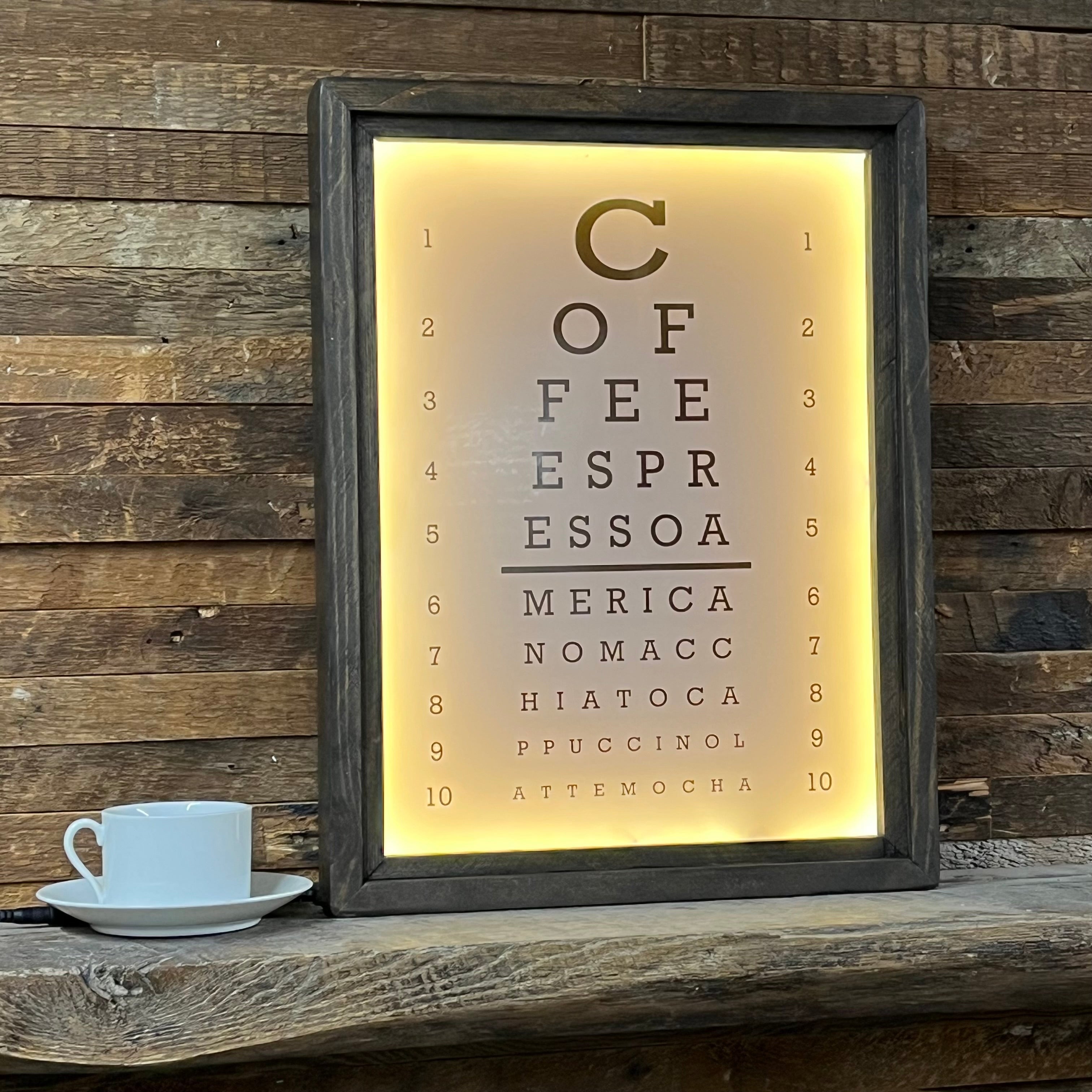 COFFEE Themed Lighted Optometrist Eye Chart Framed Shadowbox - 17-1/2 ...